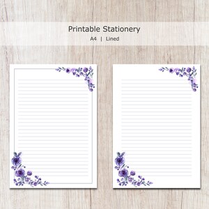 Purple Flowers Printable Stationery, Floral Writing Paper, Lined ...