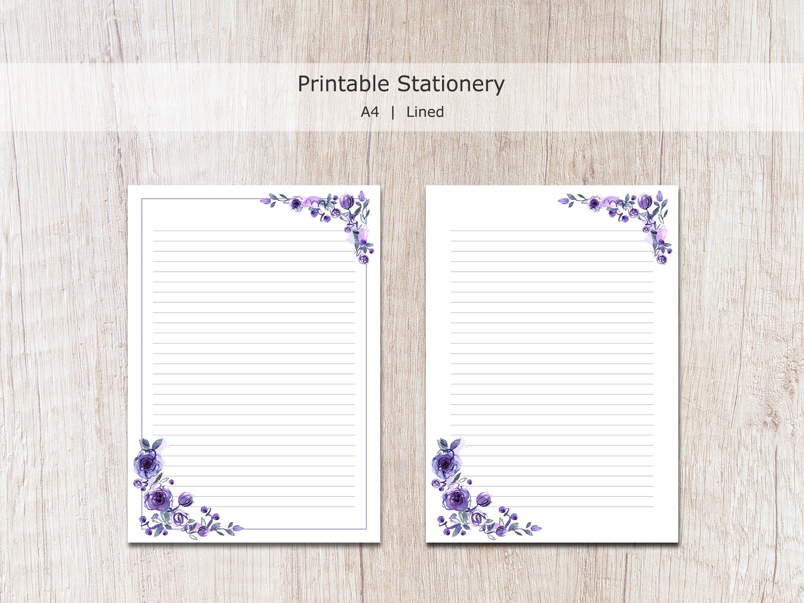 Purple Flowers Printable Stationery, Floral Writing Paper, Lined ...