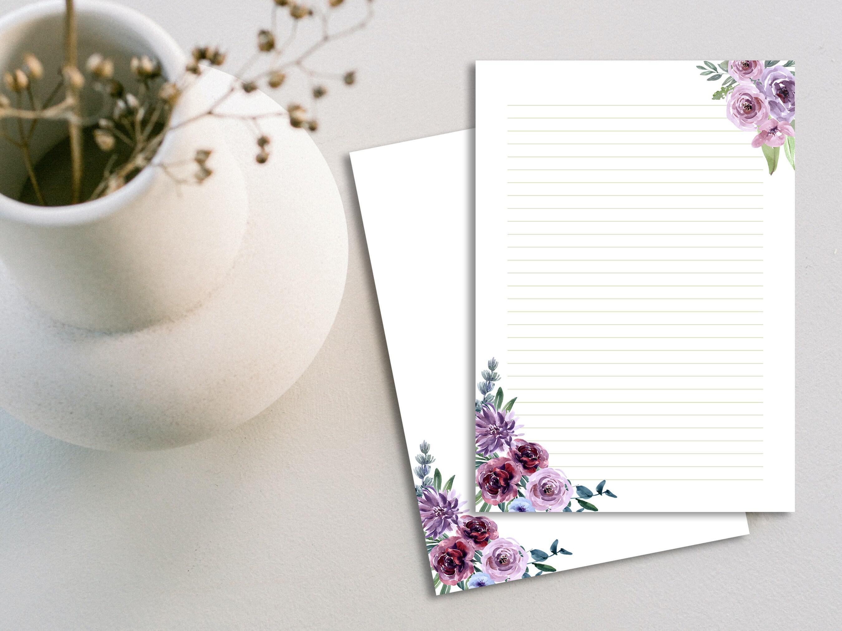 Purple Rose Printable Stationery, Floral Writing Paper, Decorative ...