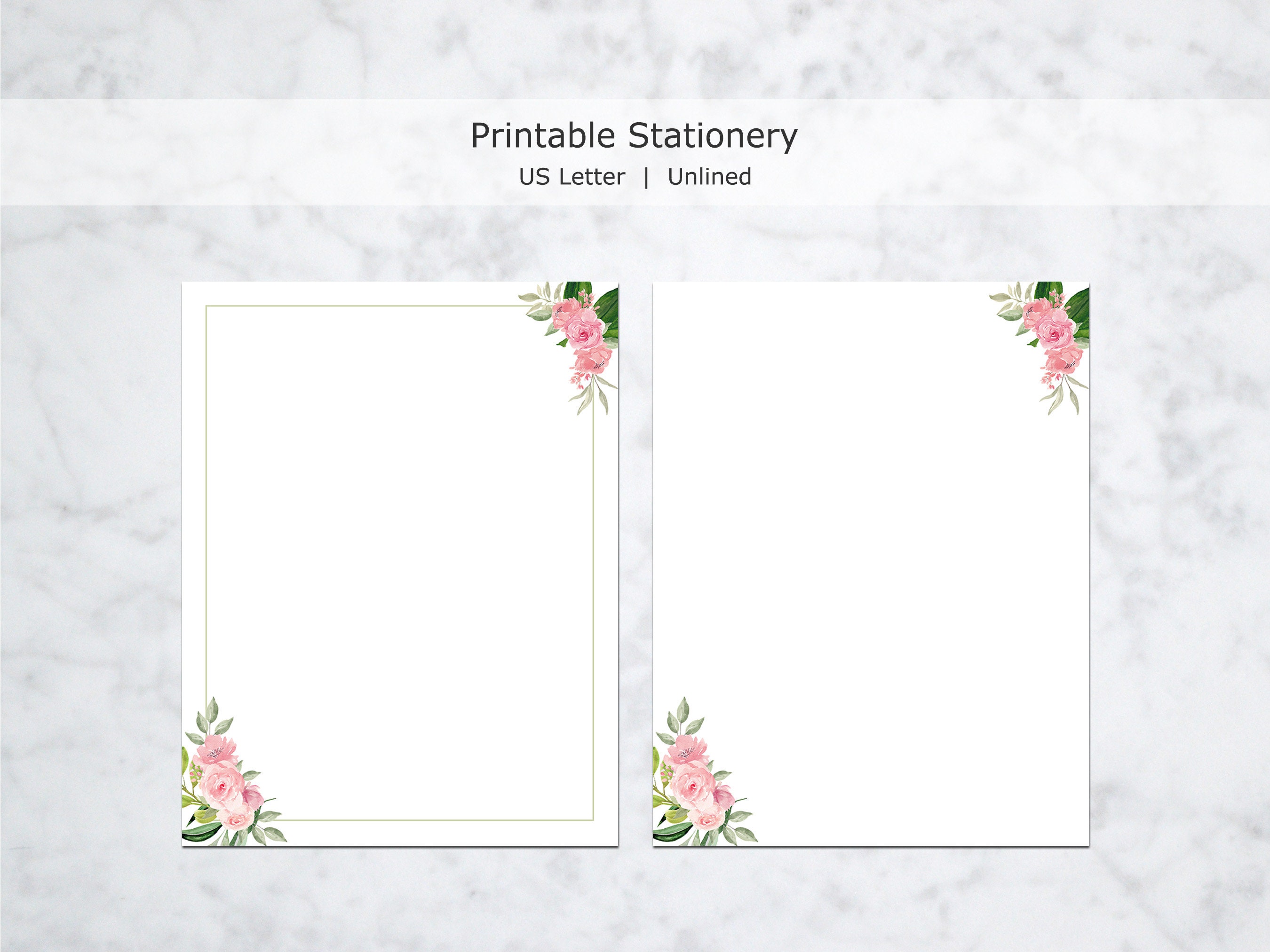 Pink Rose Printable Stationery, Pink Floral Writing Paper, Lined ...