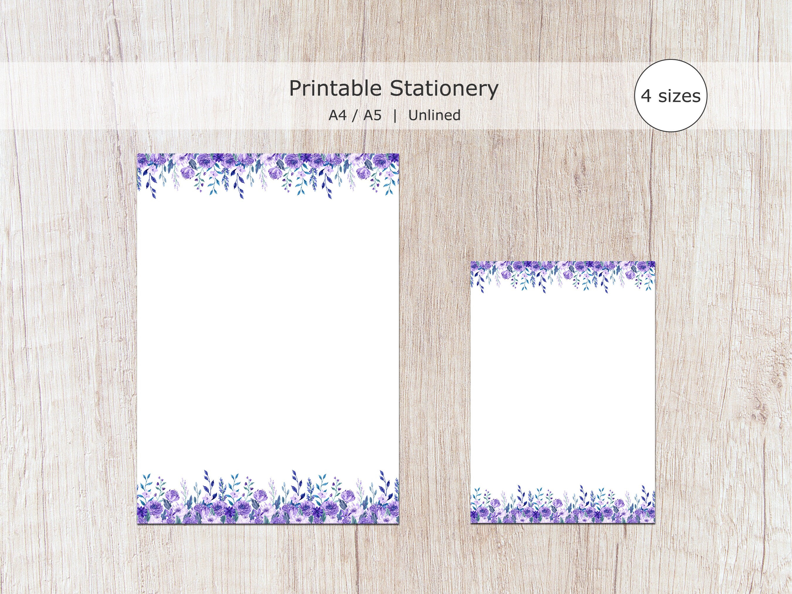 Purple Floral Printable Stationery, Violet Writing Paper, Lined ...