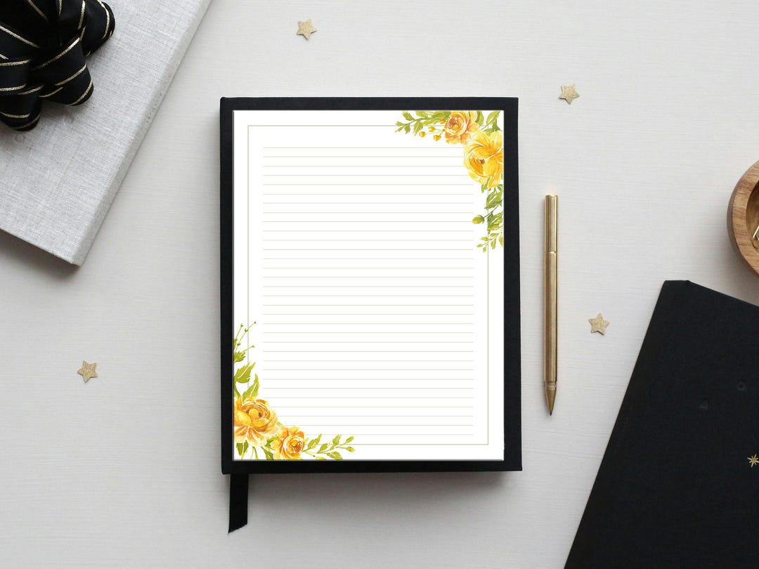Yellow Rose Printable Stationery, Floral Writing Paper, Botanical ...