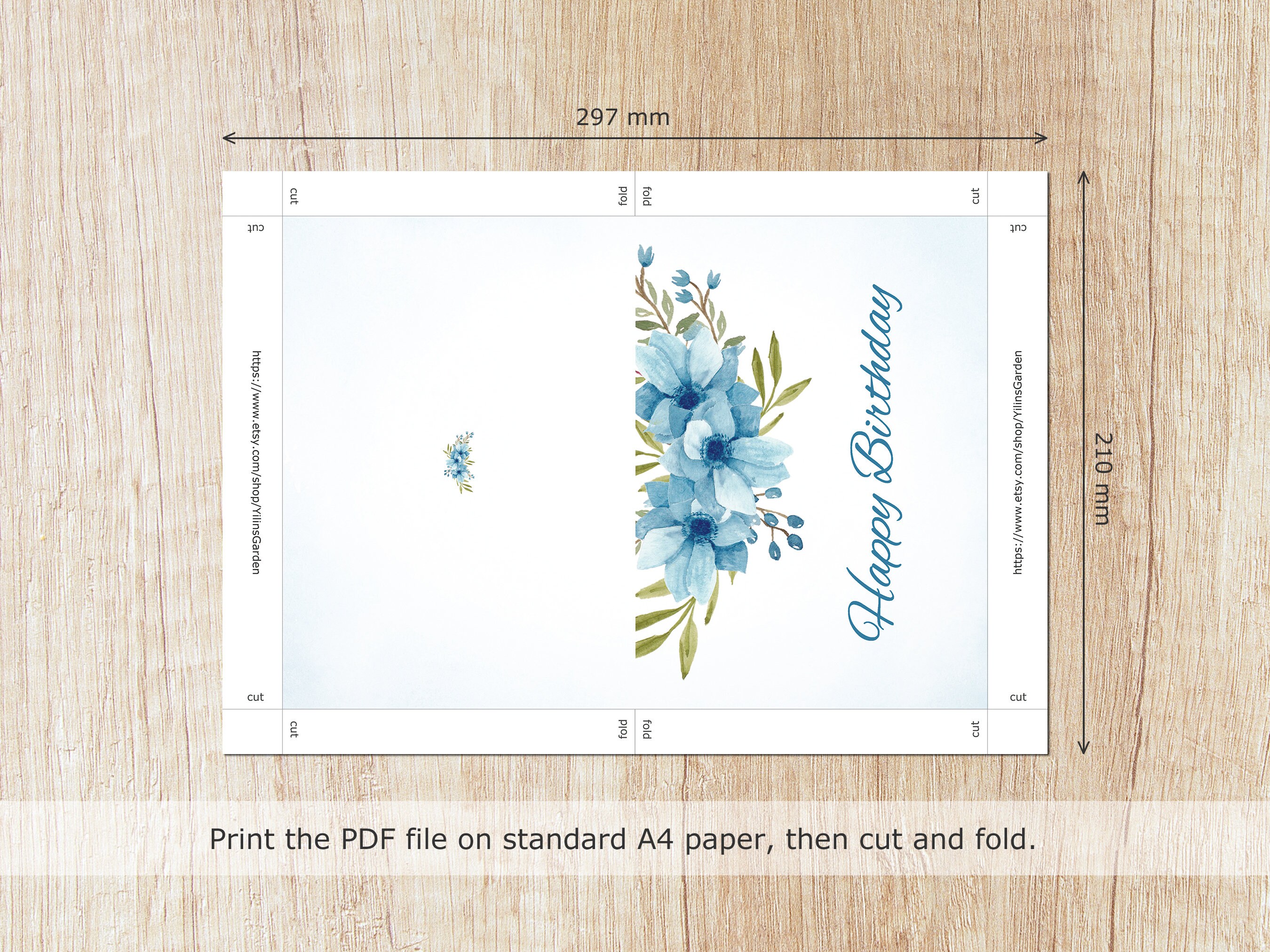 Blue Floral Printable Birthday Card, Foldable Greeting Card, 7 X 5 ...