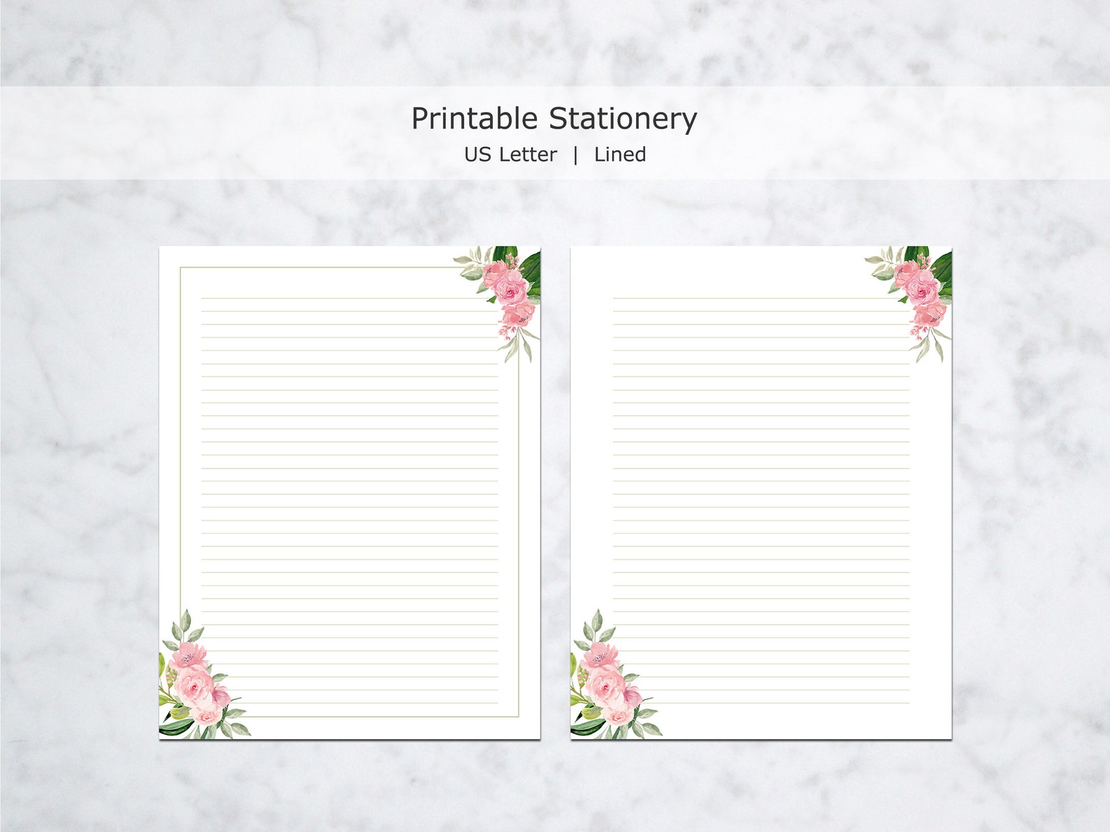 Pink Rose Printable Stationery, Pink Floral Writing Paper, Lined ...