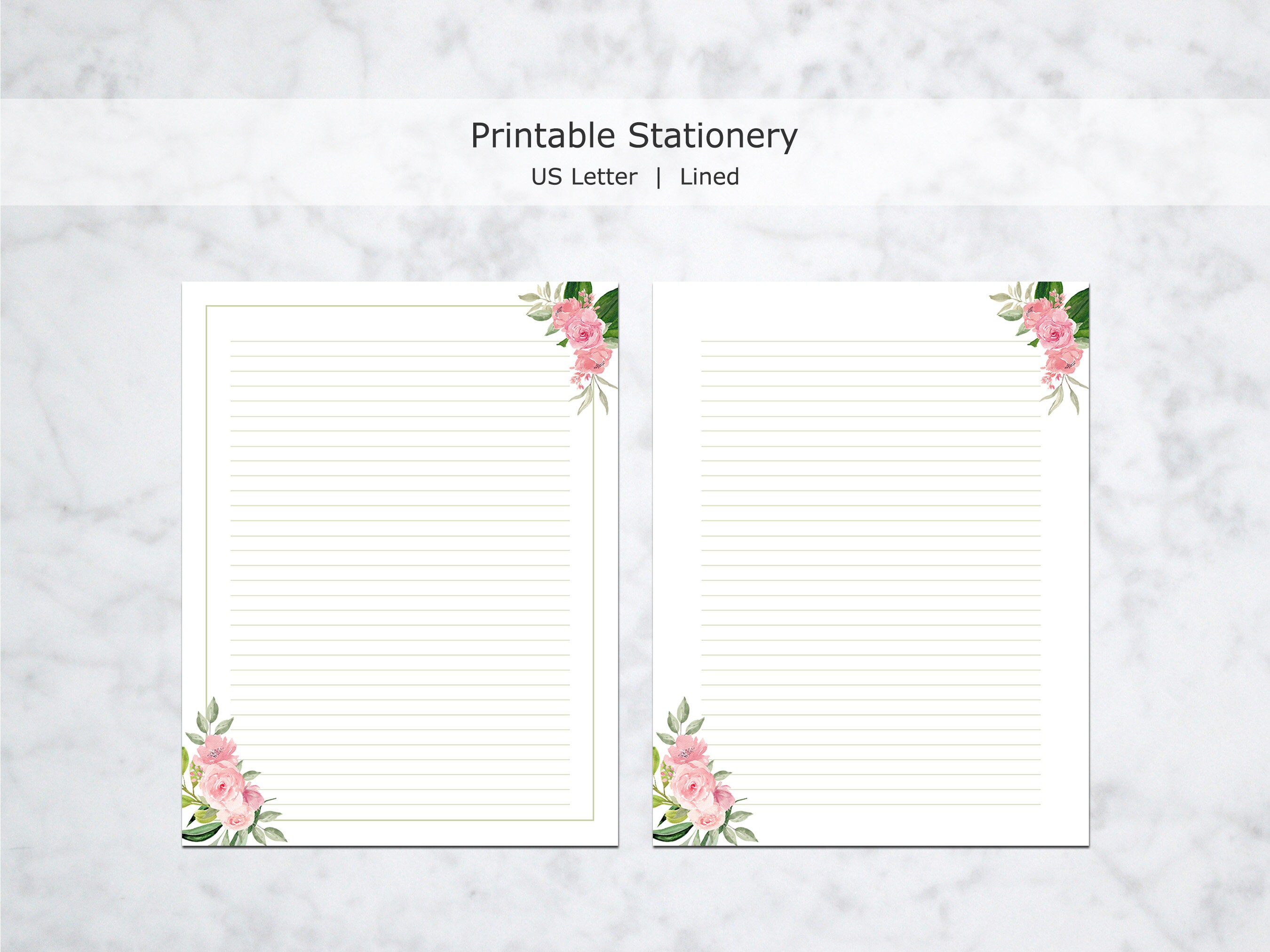Pink Rose Printable Stationery, Pink Floral Writing Paper, Lined ...