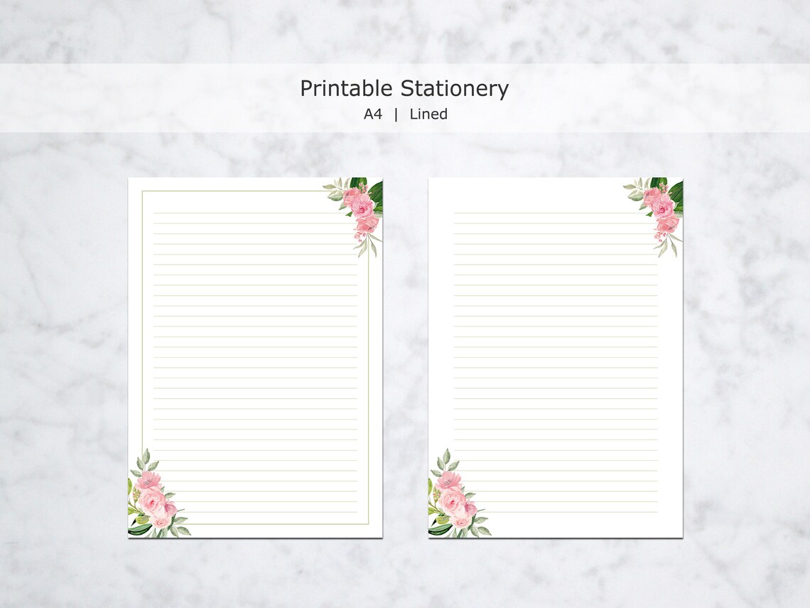 Pink Rose Printable Stationery, Pink Floral Writing Paper, Lined ...