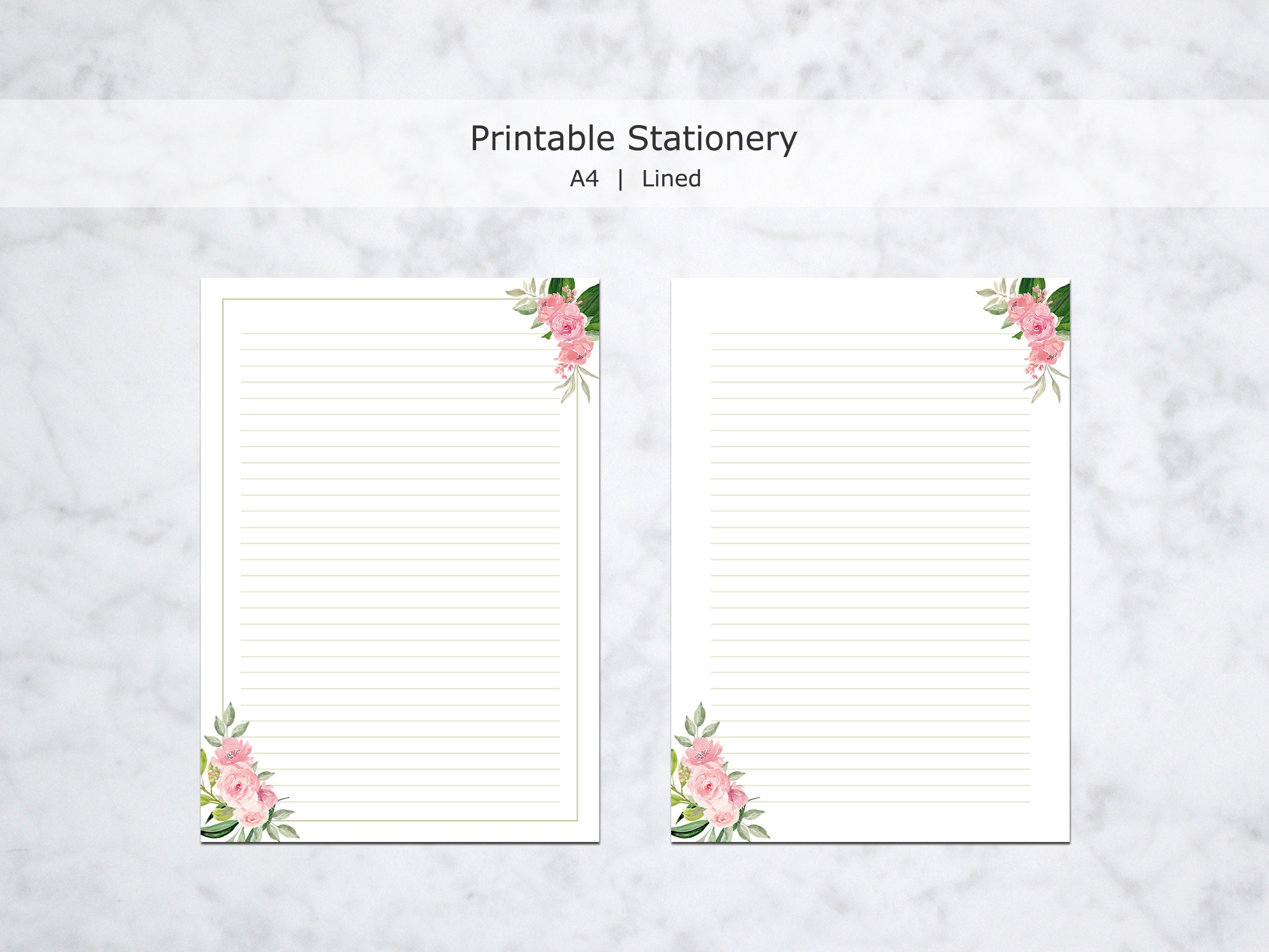 Pink Rose Printable Stationery, Pink Floral Writing Paper, Lined ...