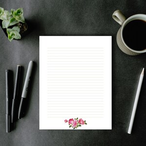 Pink Rose Printable Stationery, Red Floral Writing Paper, Lined/unlined ...