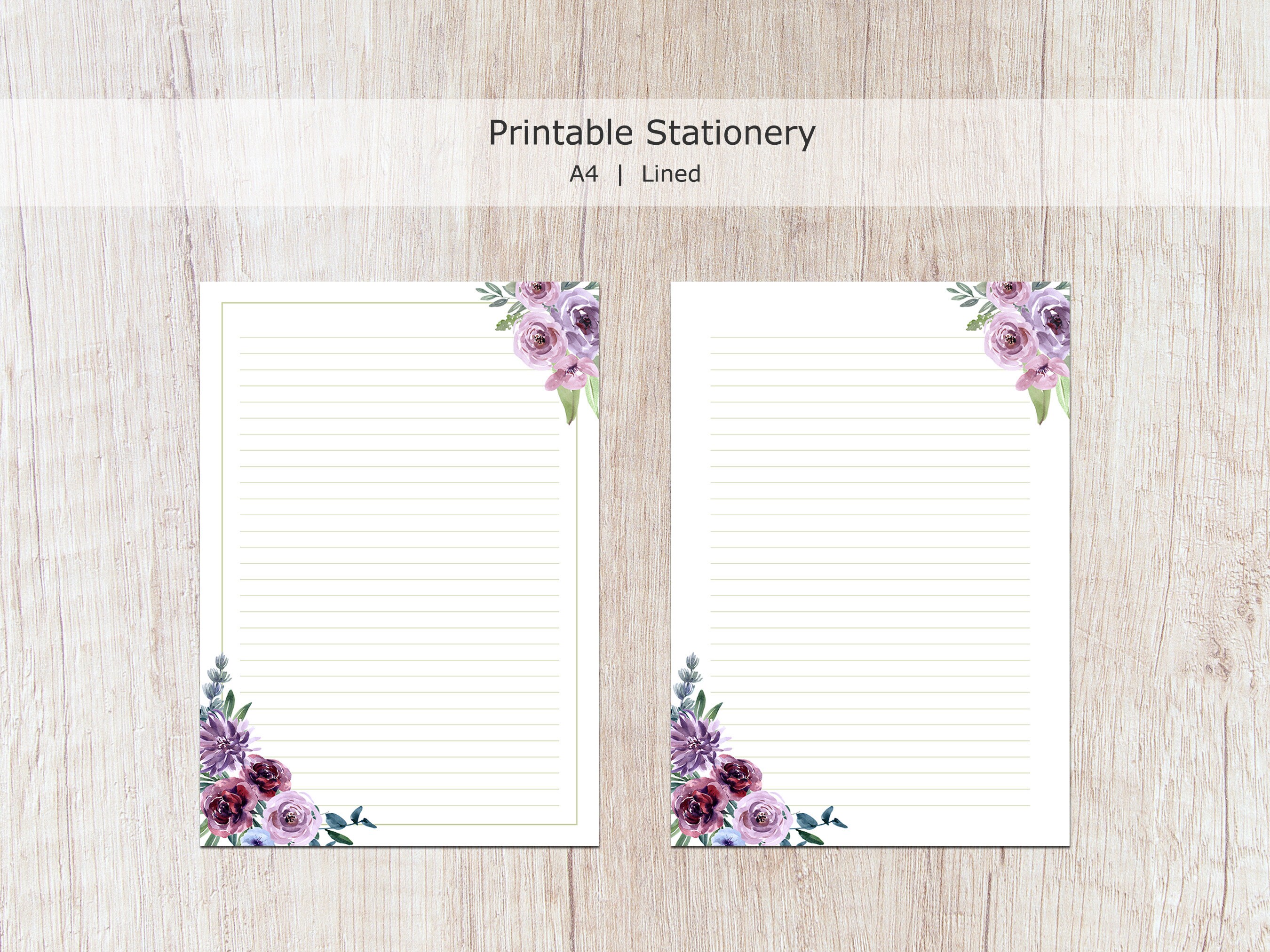 Purple Rose Printable Stationery, Floral Writing Paper, Decorative ...
