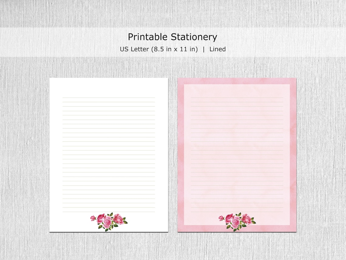 Pink Rose Printable Stationery, Red Floral Writing Paper, Lined/unlined ...