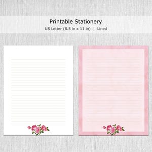 Pink Rose Printable Stationery, Red Floral Writing Paper, Lined/unlined ...