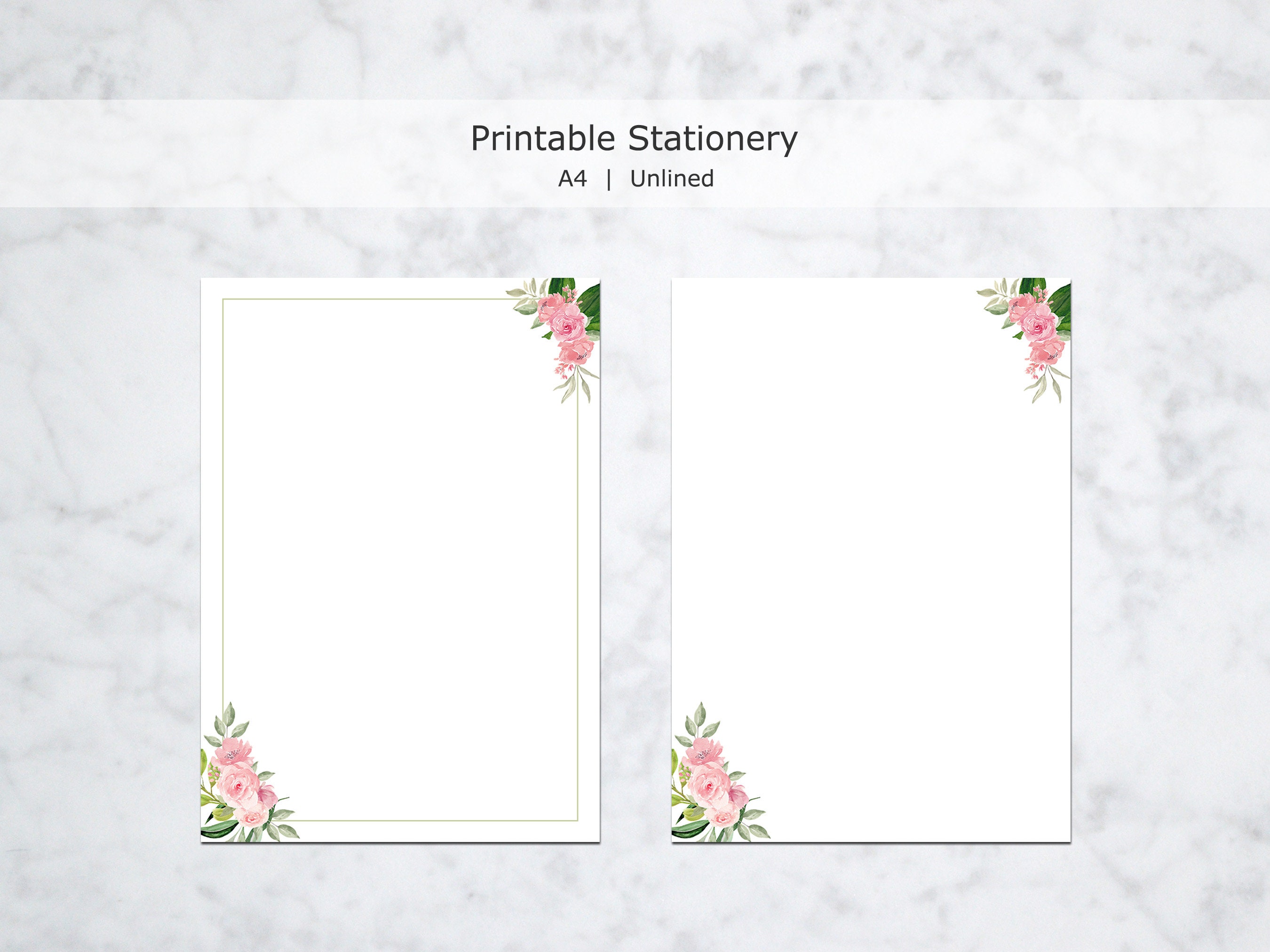 Pink Rose Printable Stationery, Pink Floral Writing Paper, Lined ...