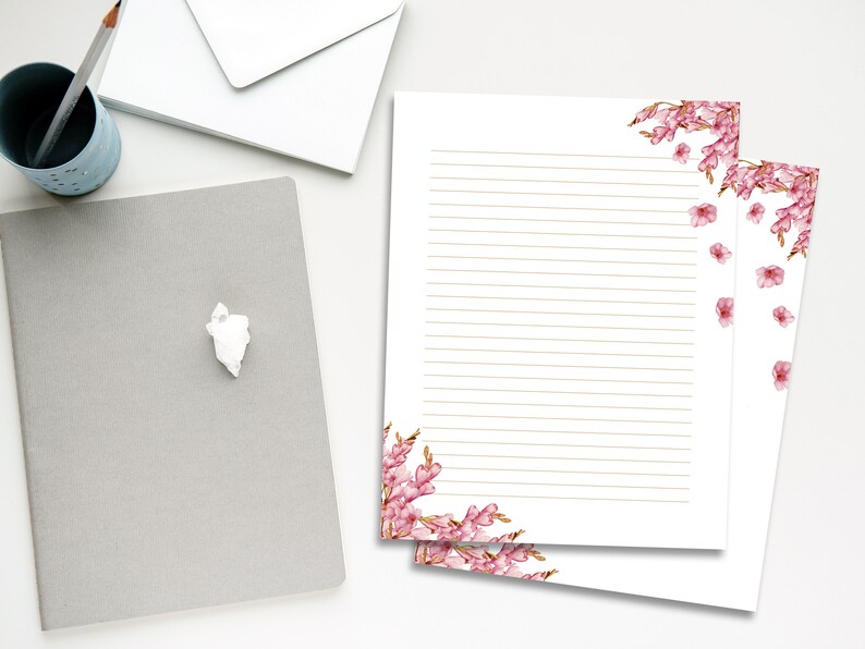 Pink Floral Printable Stationery, Decorative Writing Paper, Lined ...