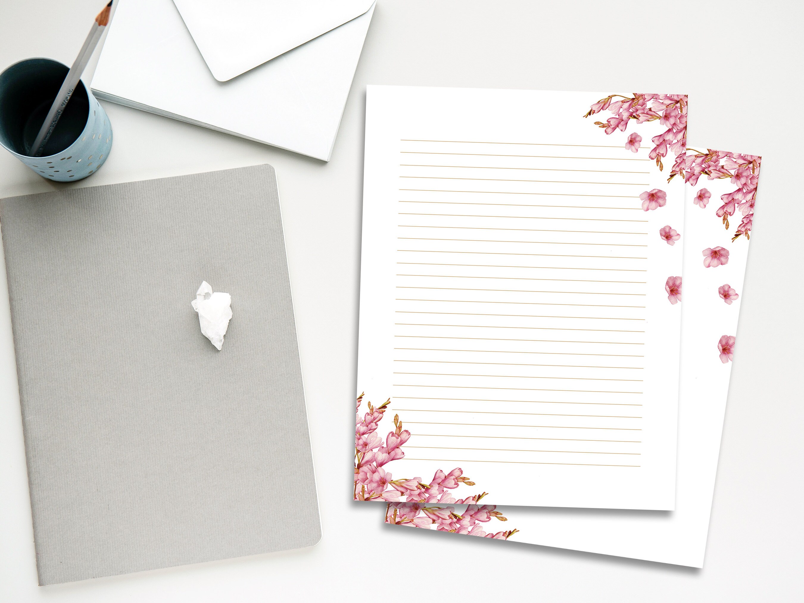 Pink Floral Printable Stationery, Decorative Writing Paper, Lined ...