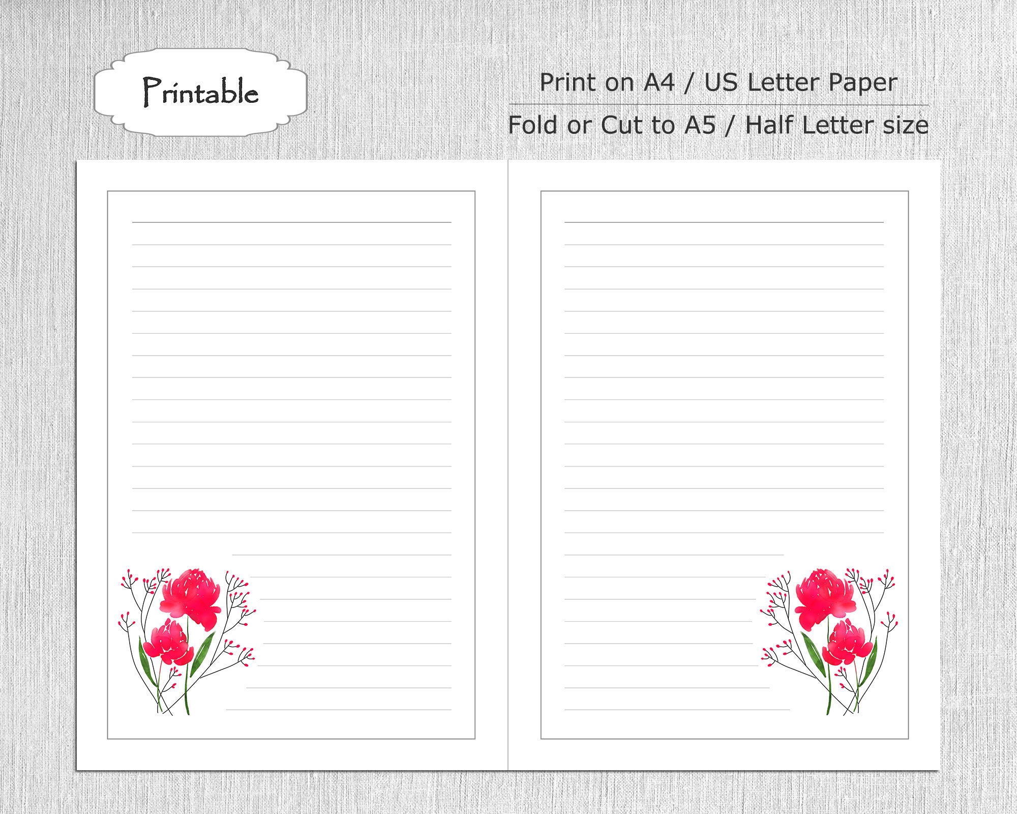 Watercolor Floral Printable Notepaper Set, 5 Designs, A5 / Half Letter ...