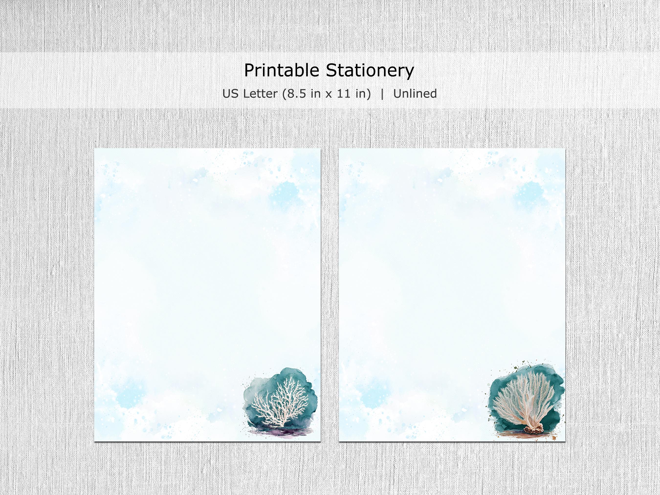 Coral Printable Stationery, Ocean Writing Paper, Journal Page, Lined ...