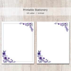 Purple Flowers Printable Stationery, Floral Writing Paper, Lined ...