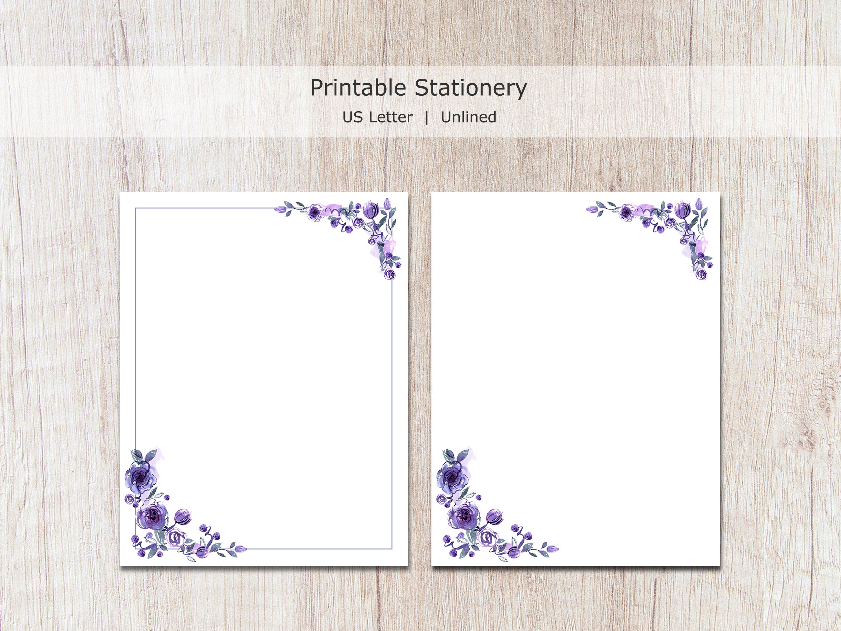 Purple Flowers Printable Stationery, Floral Writing Paper, Lined ...
