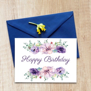 Purple Floral Printable Birthday Card, 7x5 Foldable Greeting Card ...