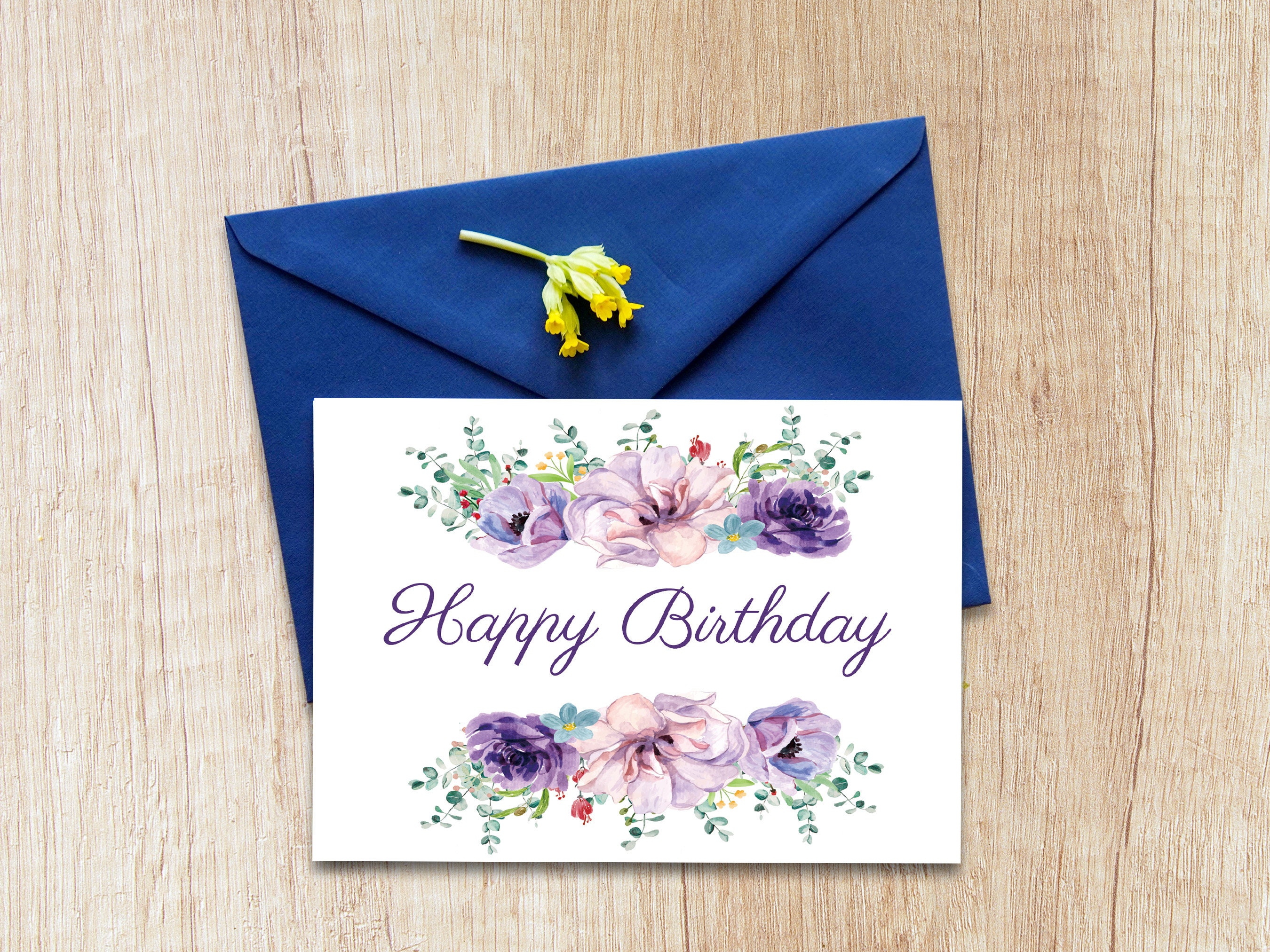 Purple Floral Printable Birthday Card, 7x5 Foldable Greeting Card ...