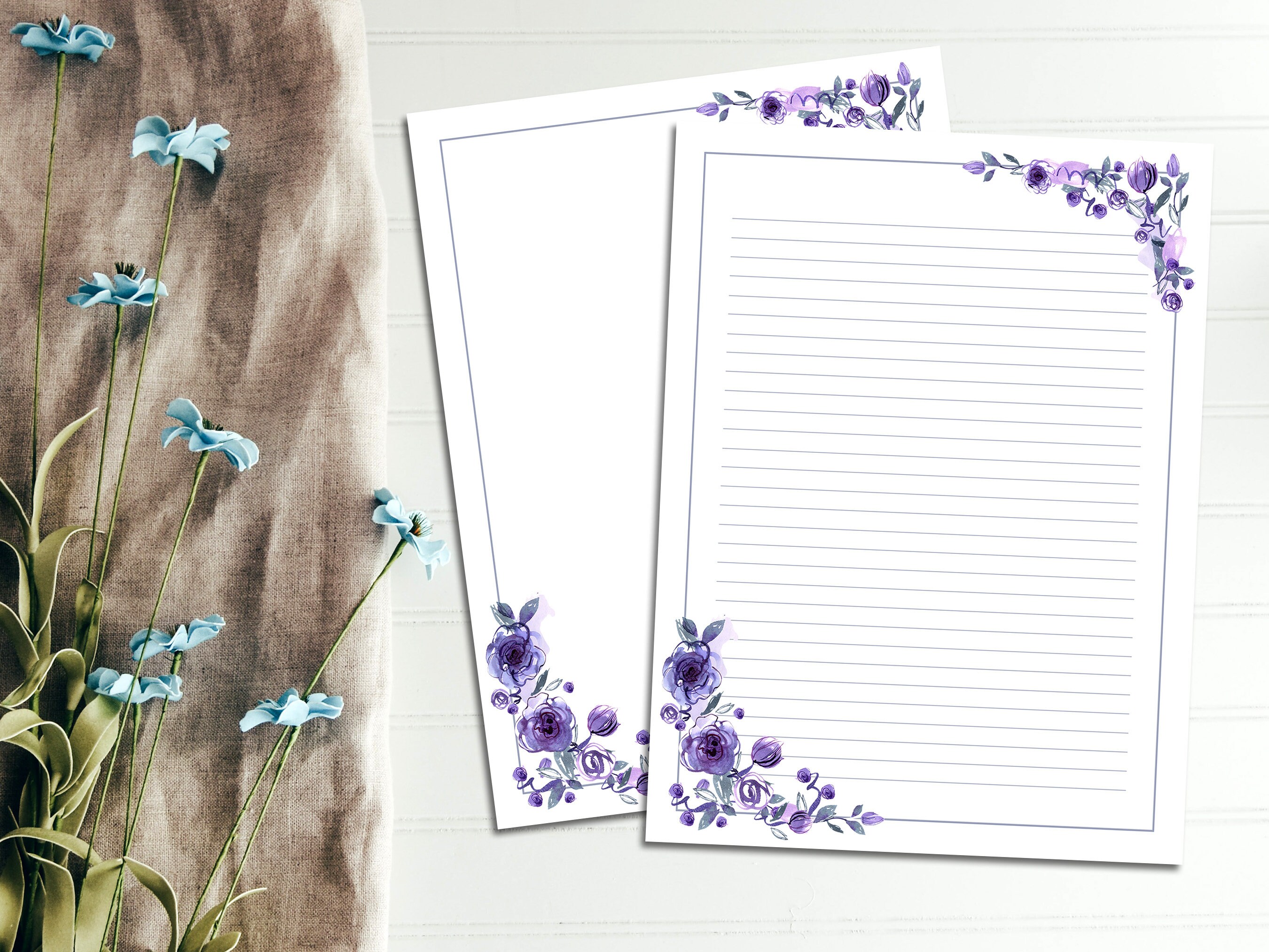 Purple Flowers Printable Stationery, Floral Writing Paper, Lined ...