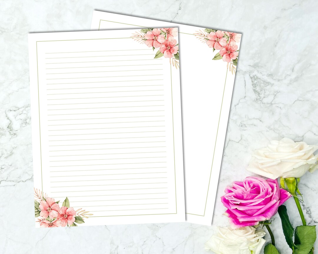 Red Zinnia Printable Stationery Paper, Pink Floral Writing Paper, Lined ...