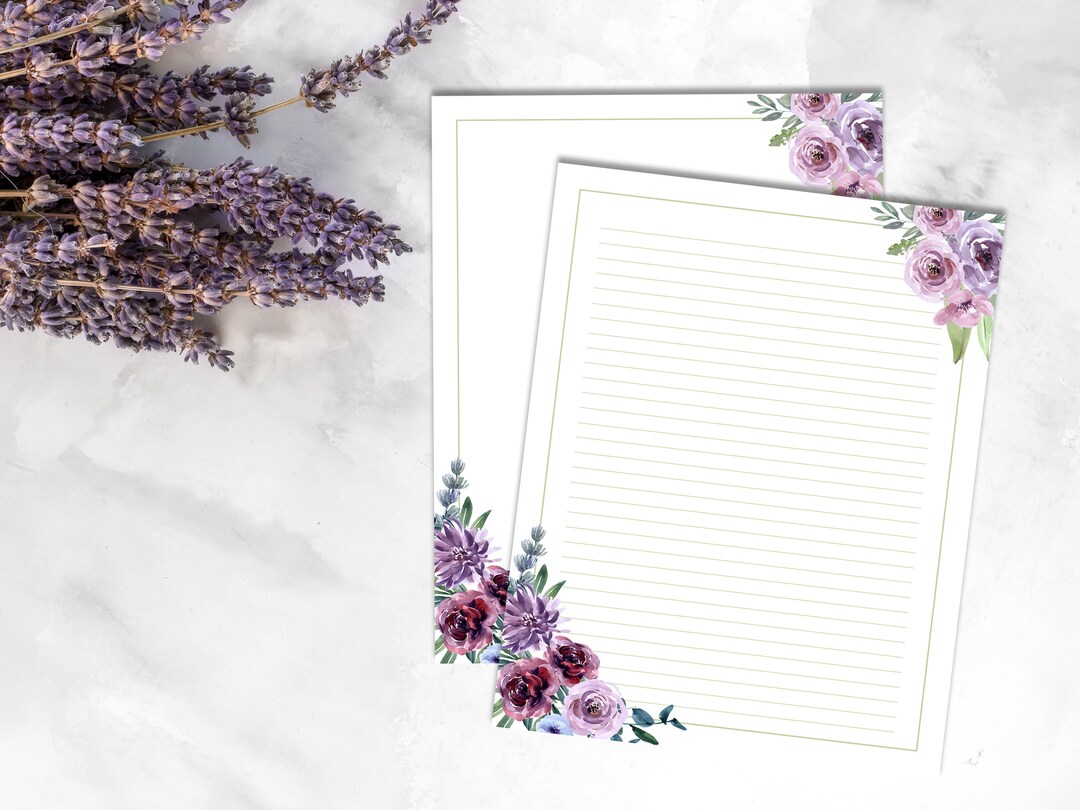 Purple Rose Printable Stationery, Floral Writing Paper, Decorative ...