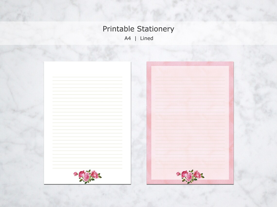 Pink Rose Printable Stationery, Red Floral Writing Paper, Lined ...