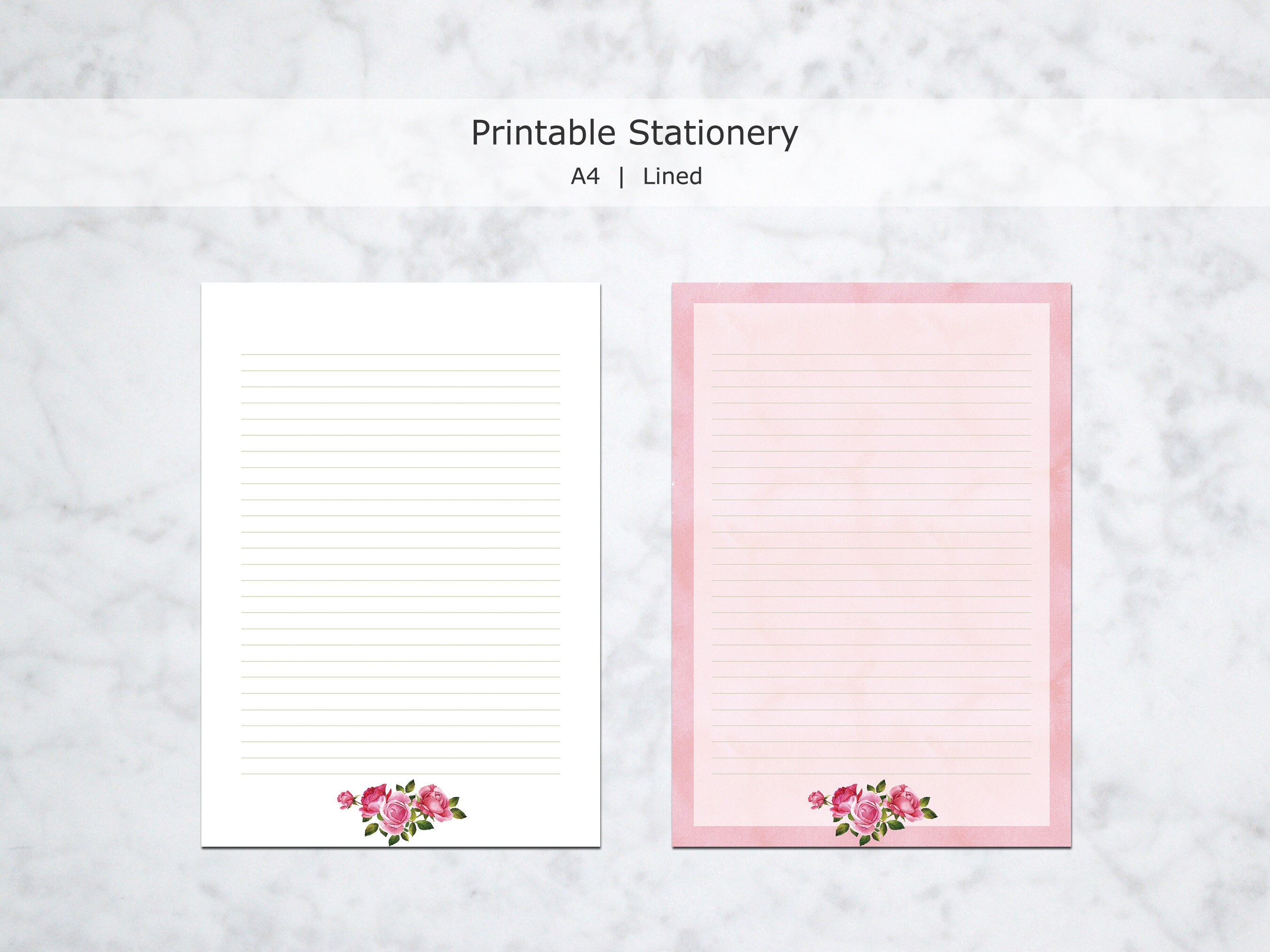 Pink Rose Printable Stationery, Red Floral Writing Paper, Lined ...