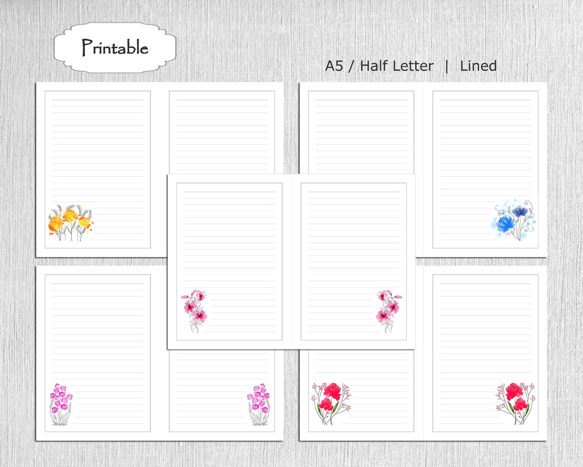 Watercolor Floral Printable Notepaper Set, 5 Designs, A5 / Half Letter ...