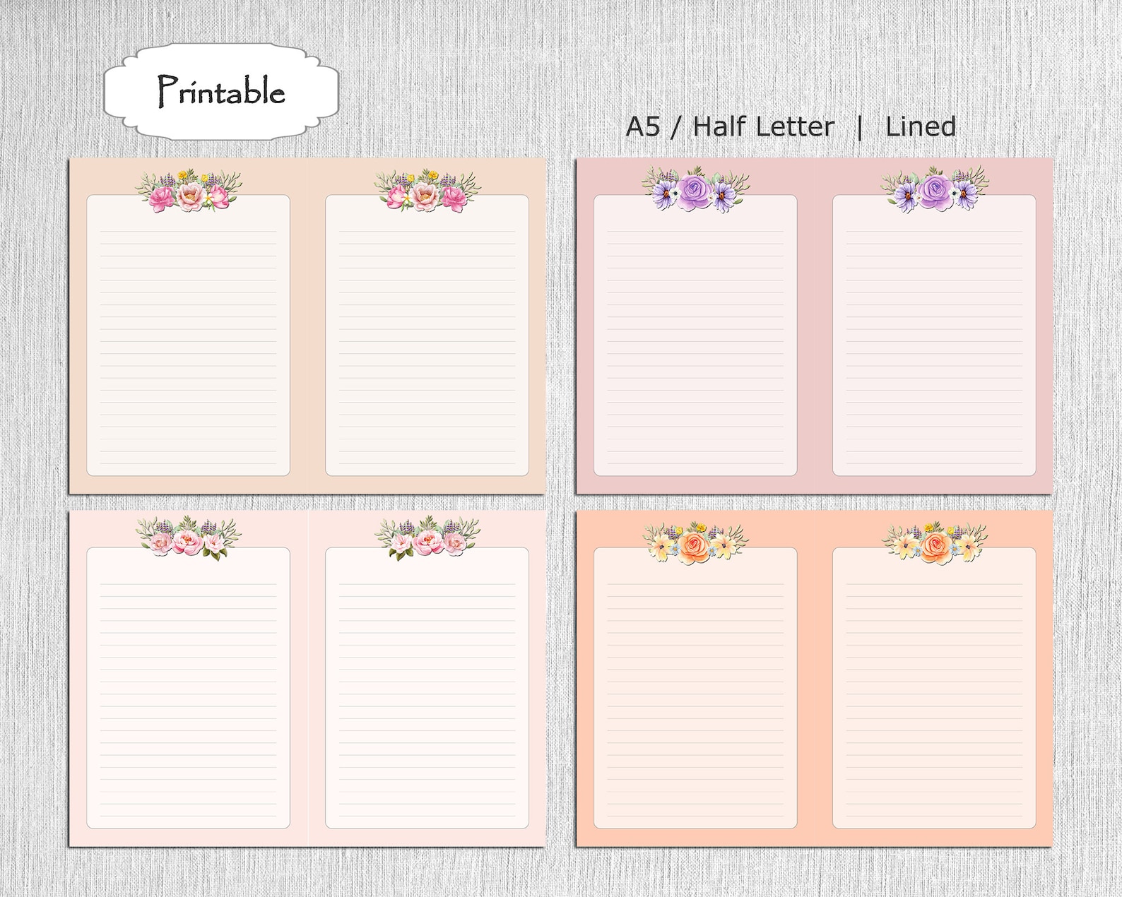 Rose Printable Notepaper Set, 4 Designs, A5 / Half Letter, Lined ...