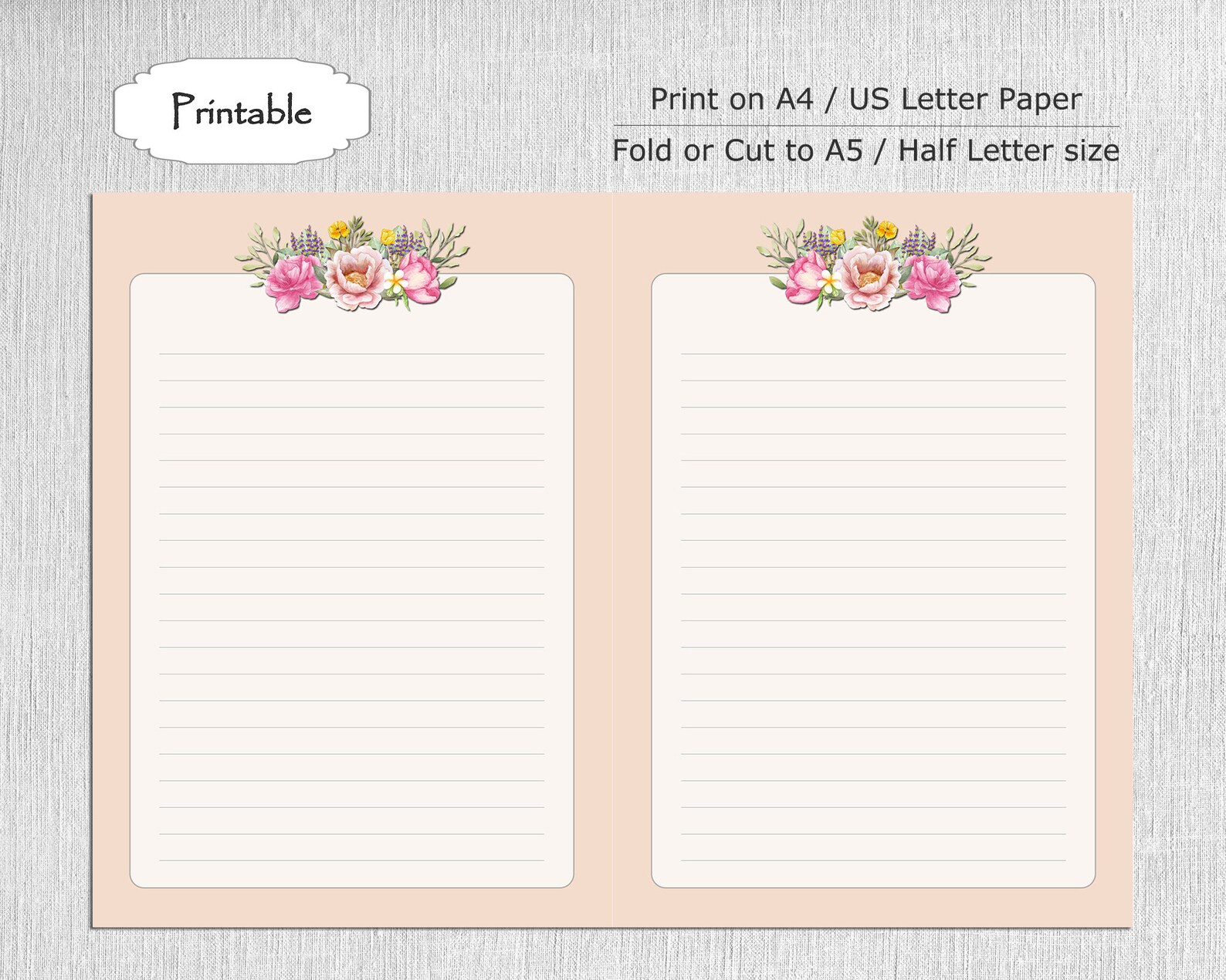 Rose Printable Notepaper Set, 4 Designs, A5 / Half Letter, Lined ...