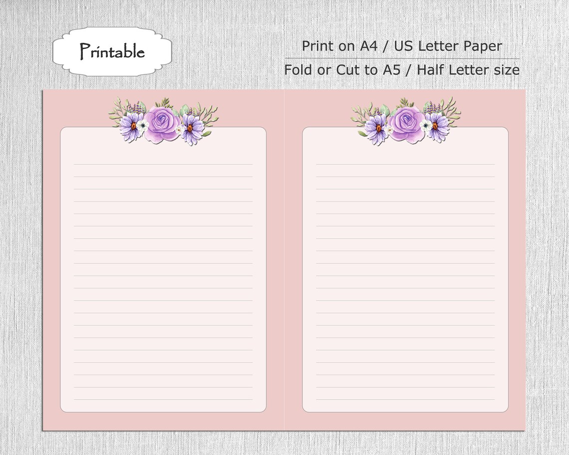 Rose Printable Notepaper Set, 4 Designs, A5 / Half Letter, Lined ...