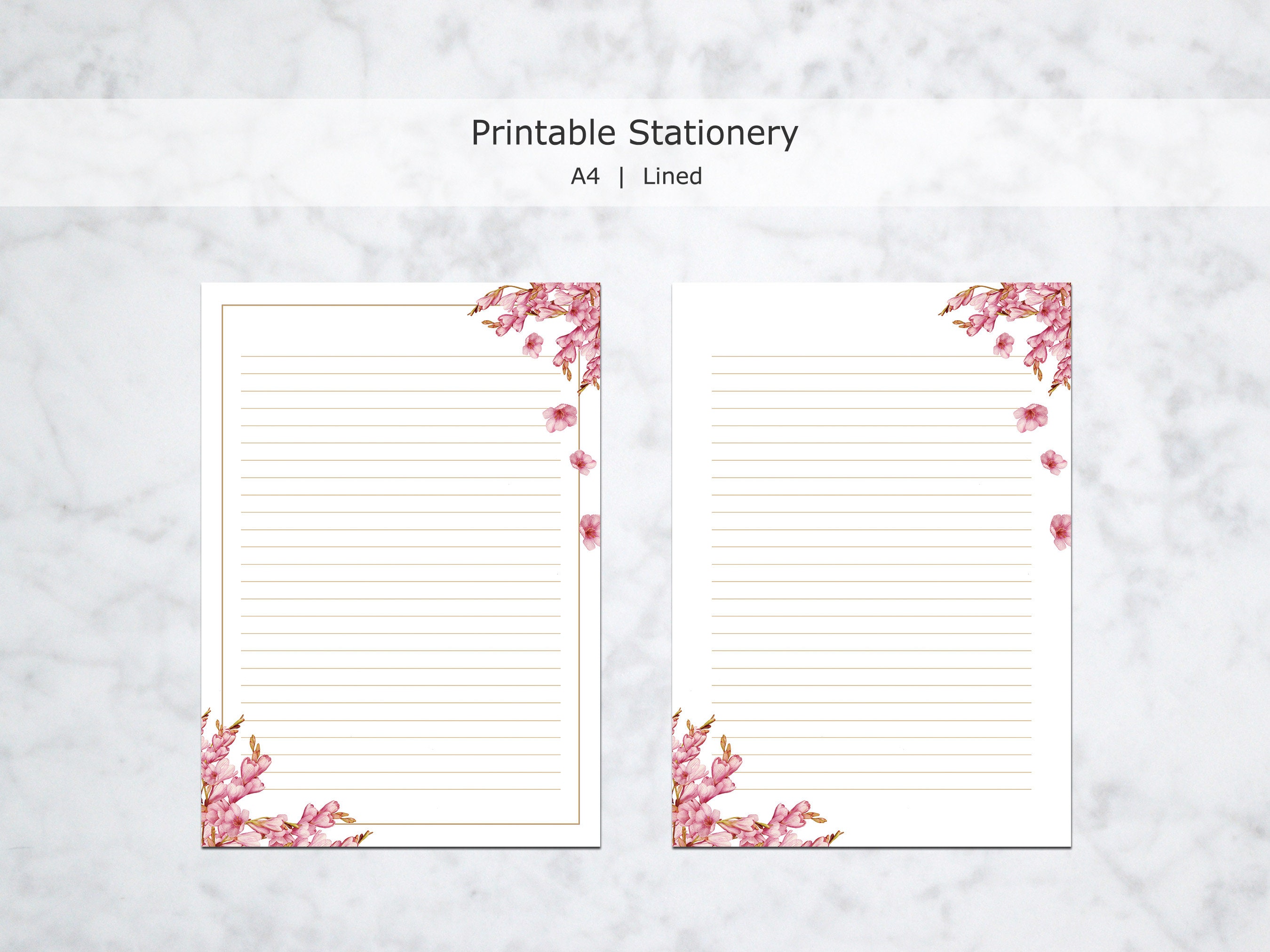 Pink Floral Printable Stationery, Decorative Writing Paper, Lined ...