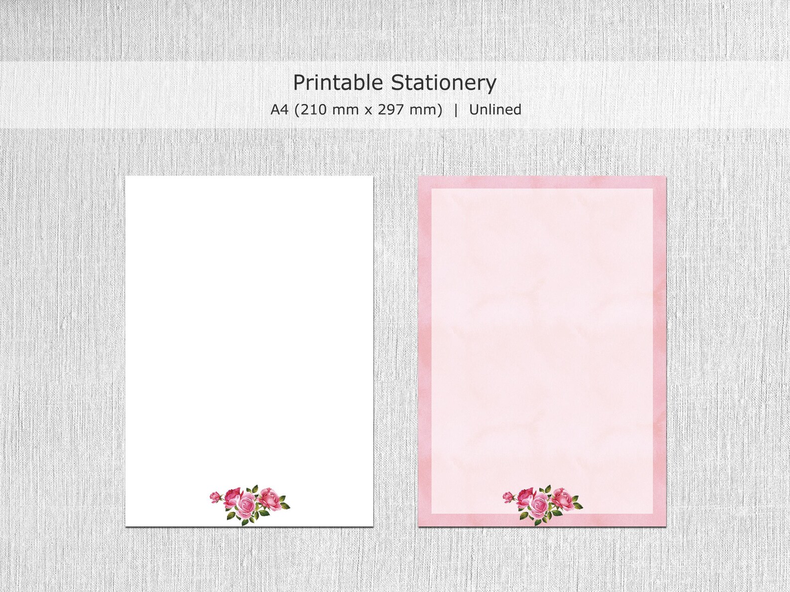 Pink Rose Printable Stationery, Red Floral Writing Paper, Lined/unlined ...