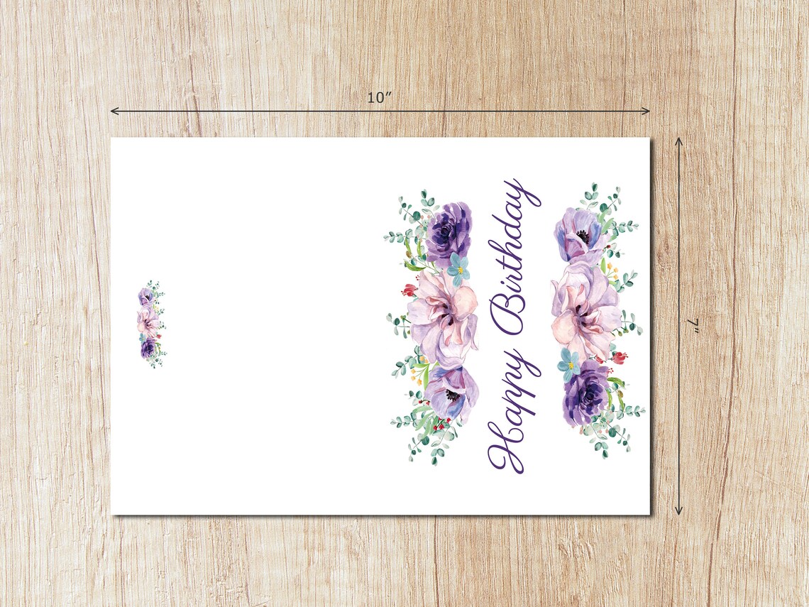 Purple Floral Printable Birthday Card 7x5 Foldable Greeting | Etsy