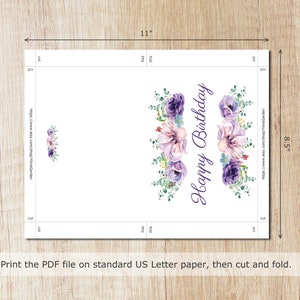 Purple Floral Printable Birthday Card, 7x5 Foldable Greeting Card ...