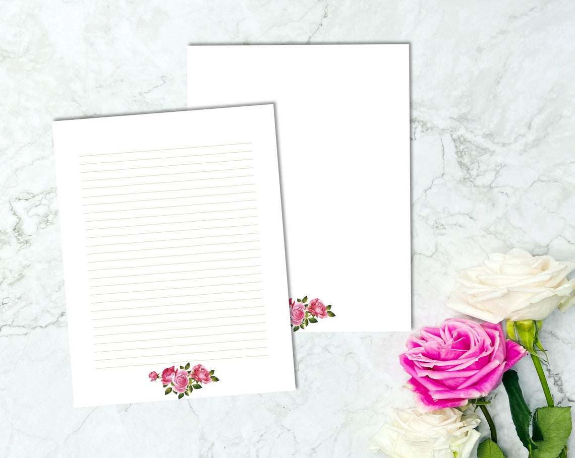 Pink Rose Printable Stationery, Red Floral Writing Paper, Lined ...