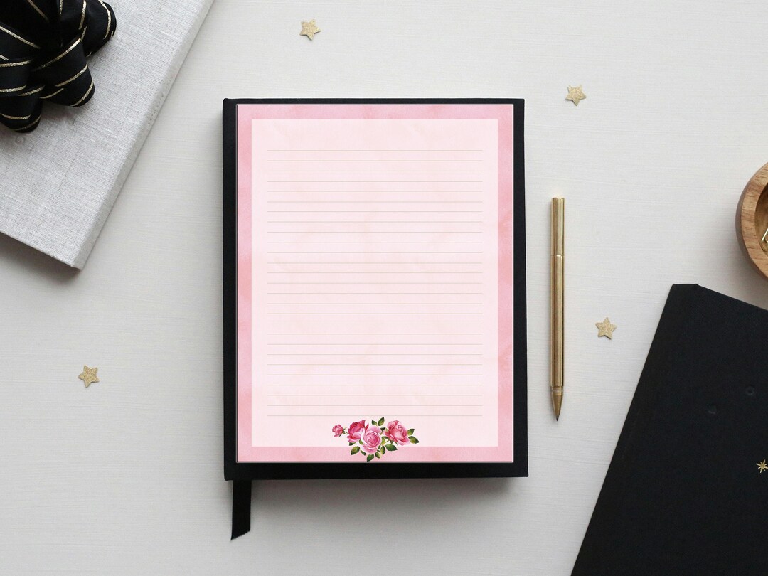 Pink Rose Printable Stationery, Red Floral Writing Paper, Lined/unlined ...