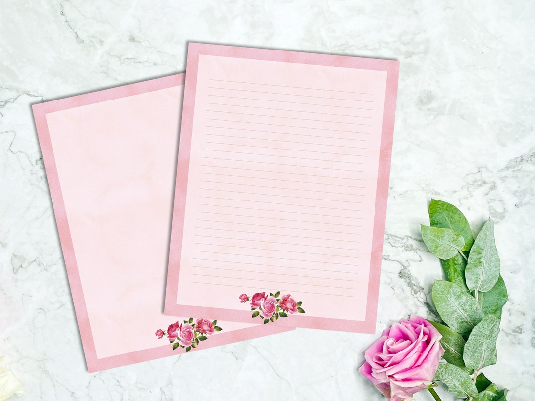 Pink Rose Printable Stationery, Red Floral Writing Paper, Lined ...