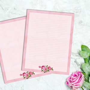 Pink Rose Printable Stationery, Red Floral Writing Paper, Lined/unlined ...