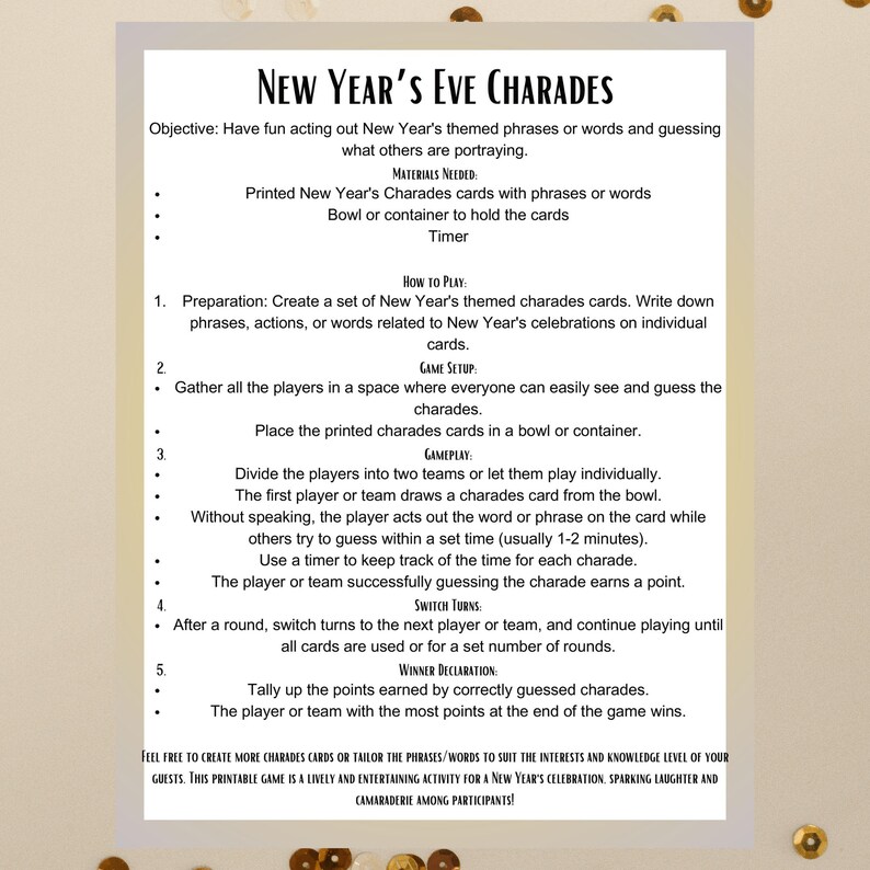 New Years Eve Charades Game, Printable New Years Eve Games, NYE Games ...