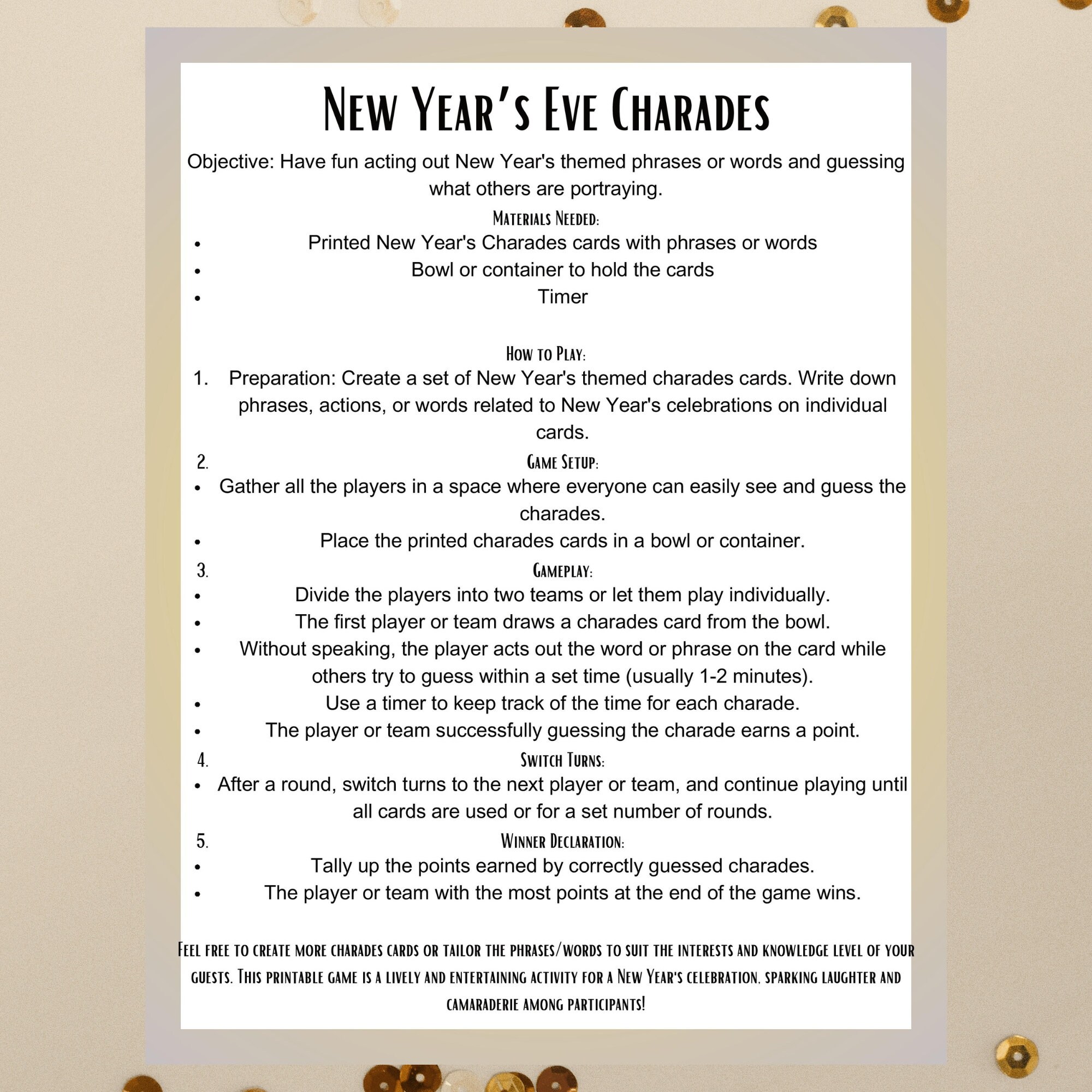 New Years Eve Charades Game, Printable New Years Eve Games, NYE Games ...