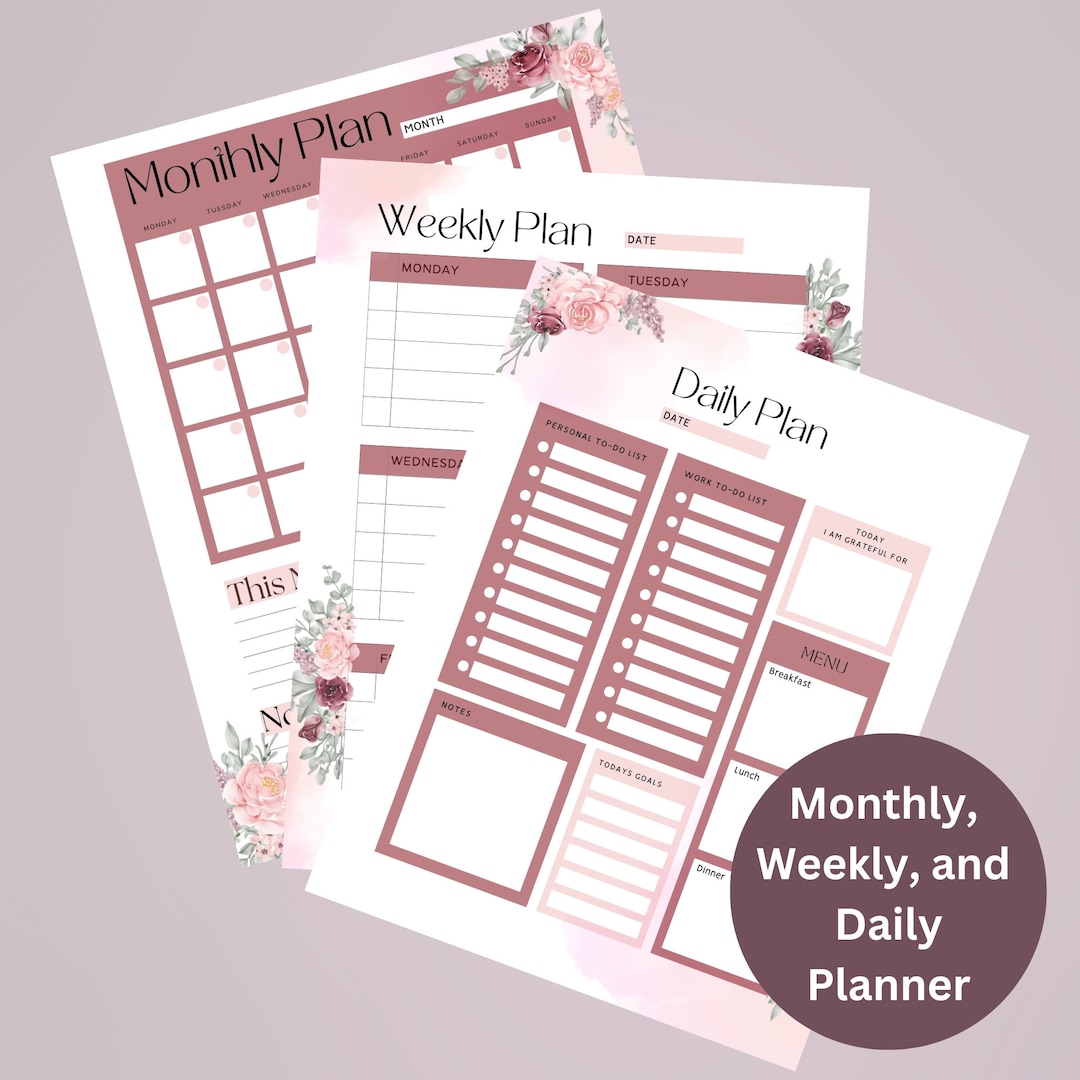Rose Planner, Pink Rose Planner, Daily Planner, Weekly Planner, Monthly ...