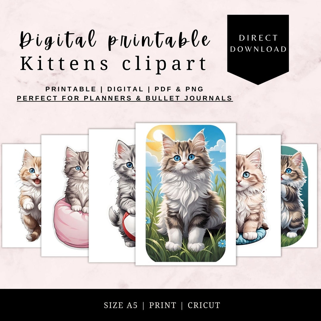 Adorable Kittens Clipart Set Digital Cats Images, Printable Stickers ...