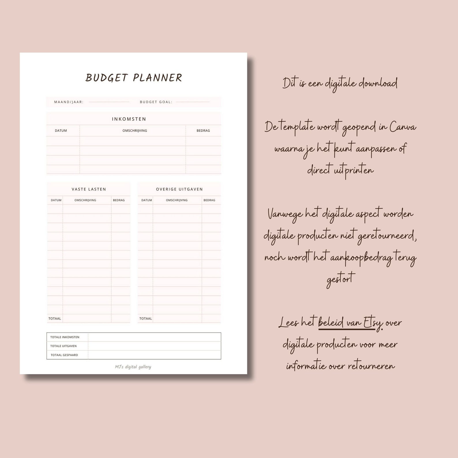 Easy Editable Monthly Budget Planner Template, Printable Dutch Budget ...