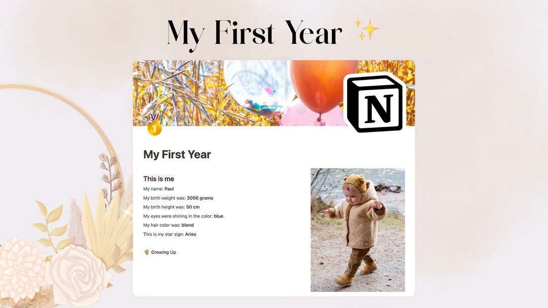 1st Year Baby Milestone Diary Notion Template: Digital Memory Log Book ...