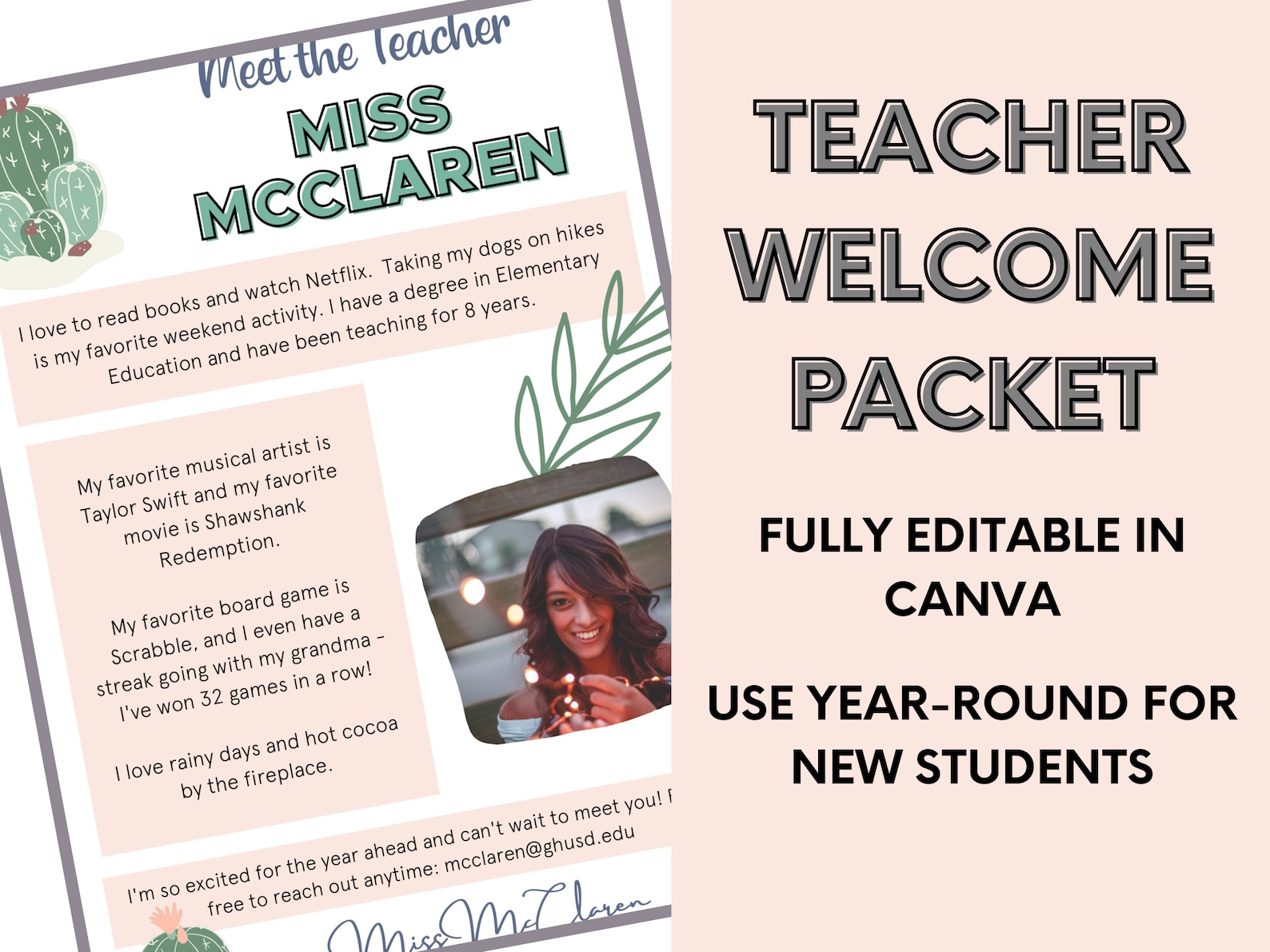 Cactus Meet the Teacher Template | Meet the Teacher Editable Template ...