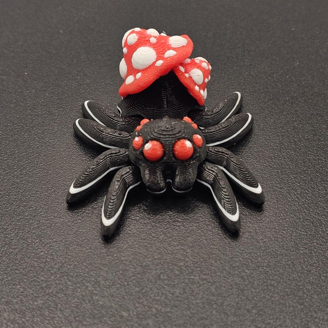 Mushroom Spider Fidget Buddy - 3D Printed Sensory Toy - Black Body, Red ...
