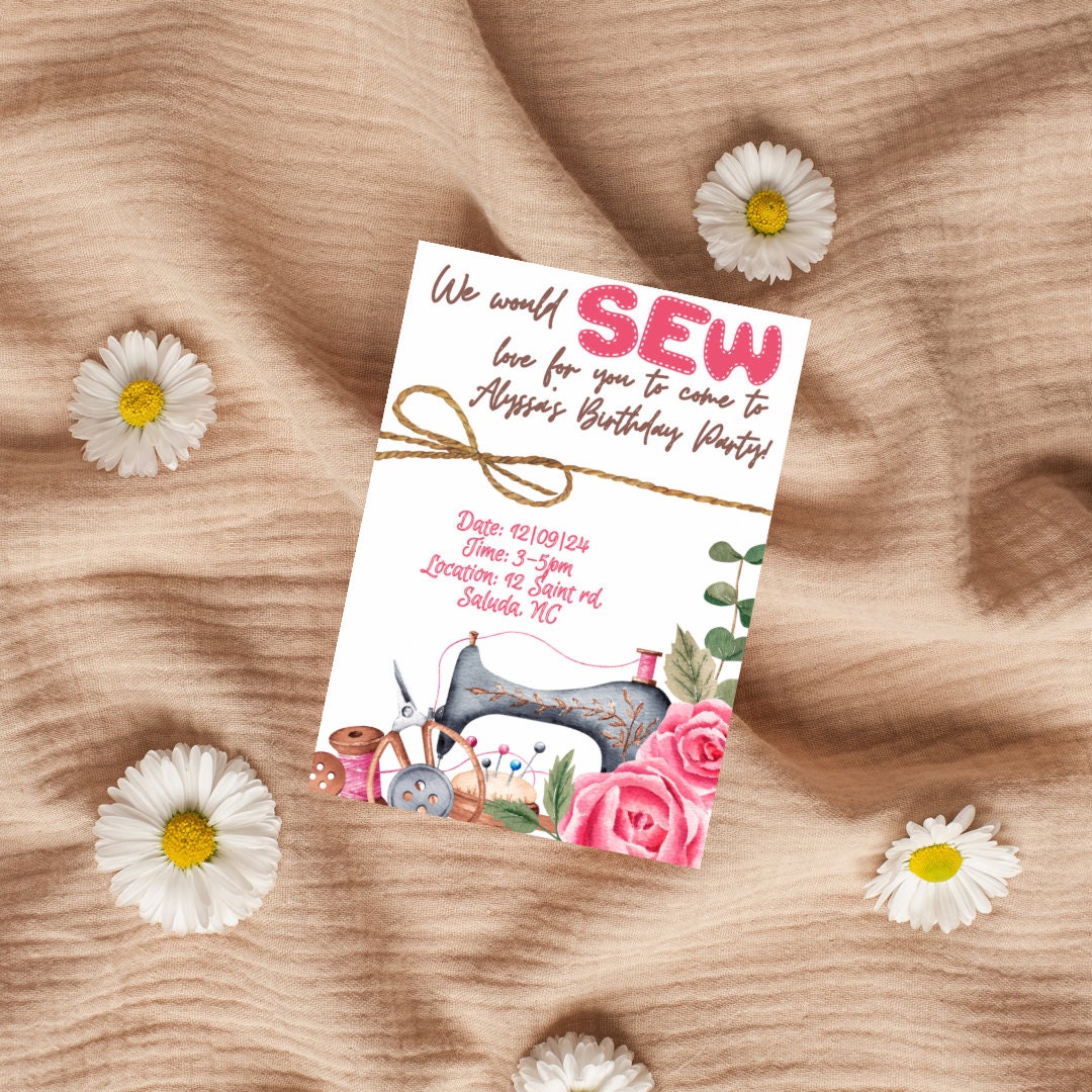 Sew Cute Birthday Party Invitation, Sewing, Buttons, Watercolor, Girl ...